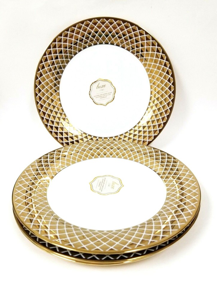 LUXE SET OF 4 PORCELAIN METALLIC GOLD DIAMOND PATTERN DINNER,SALAD ...