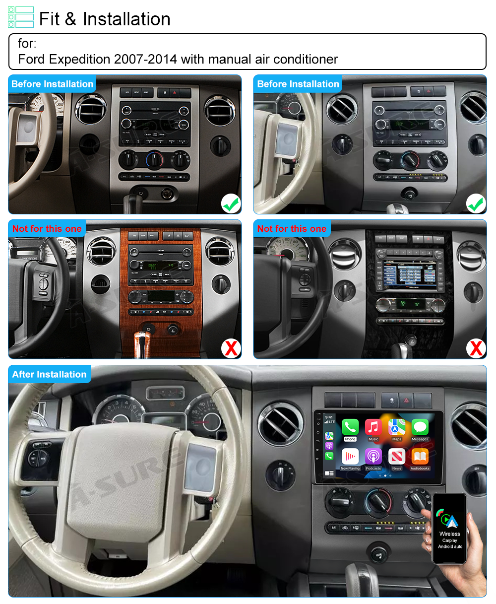 for Ford Expedition 2007-2014 Wireless Carplay Android 10 Car Radio ...