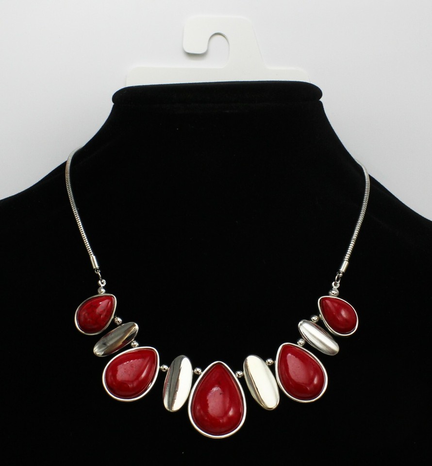 New Semi Precious Red & Silver Necklace Earring Set NWT $32 Tags #N2446 ...