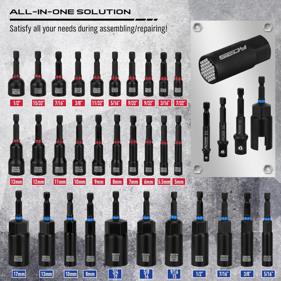 80-Piece Magnetic Impact Nut Driver Set Metric & SAE w/Adapters & Power ...