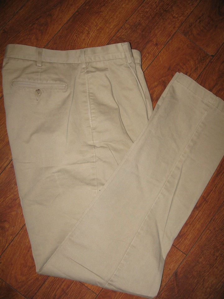 LANDS' END TRADITIONAL FIT Men's Cotton Pleated Front Beige Pants Size ...