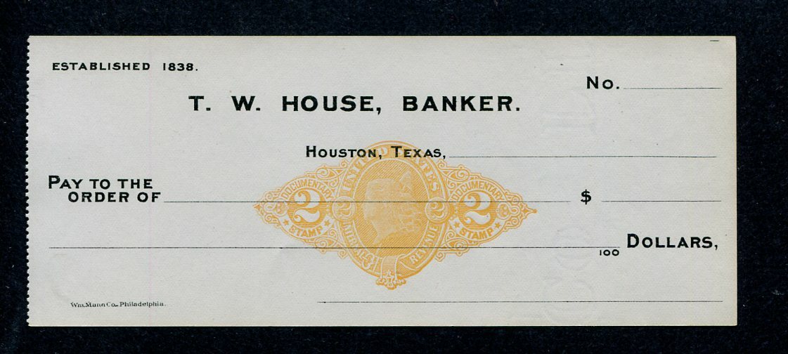 VINTAGE BANK CHECK T. W. House, Banker Houston TX IMPRINTED REVENUE ...