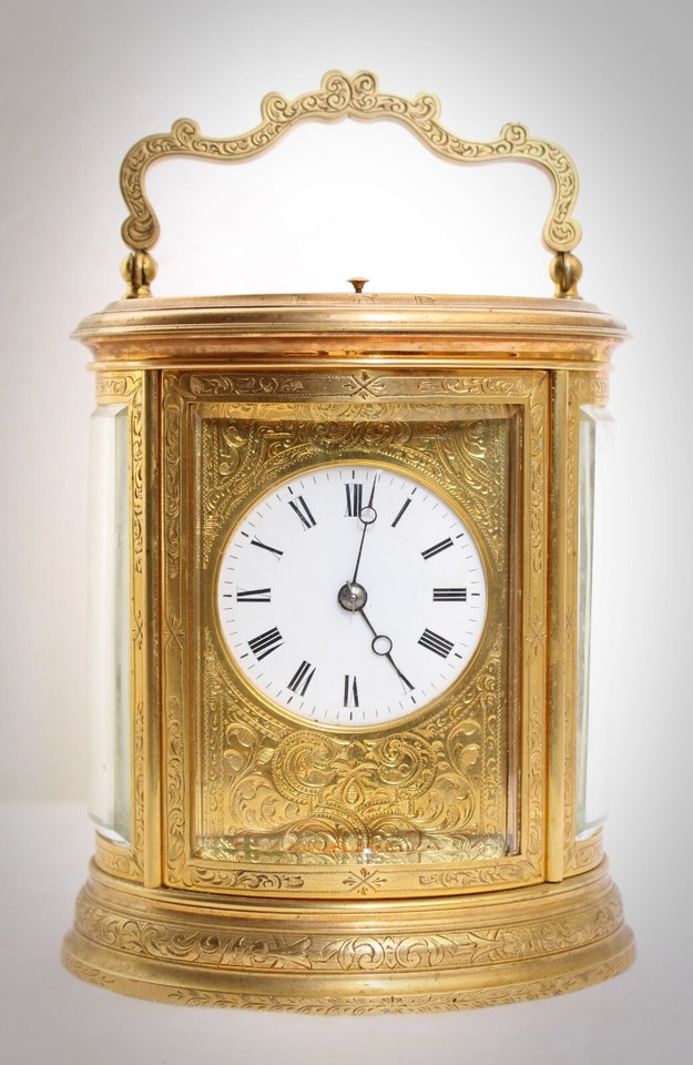 SUPERB DROCOURT OVAL ONE-PIECE ENGRAVED CARRIAGE CLOCK REPEATER GILT ...
