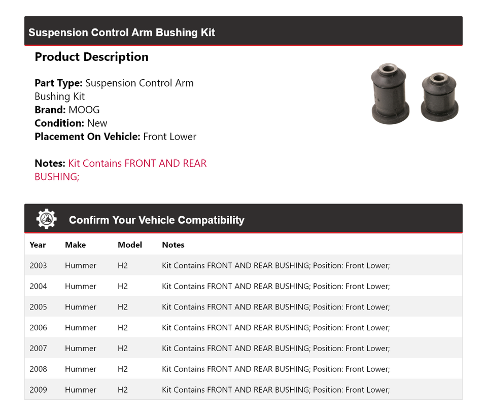 For 2003-2009 Hummer H2 Suspension Control Arm Bushing Kit Front Lower ...