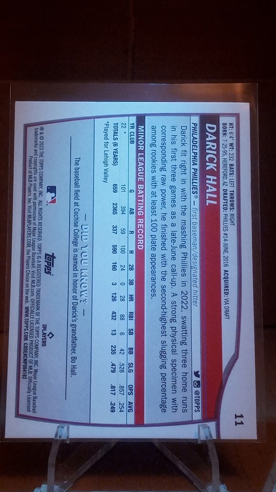 2023 TOPPS BIG LEAGUE BASEBALL Darick Hall RC NO 11 PHILADELPHIA ...