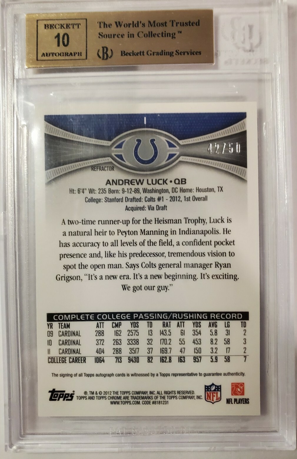2012 Topps Chrome - Prism Refractor Rookie Autographs #1 Andrew Luck ...