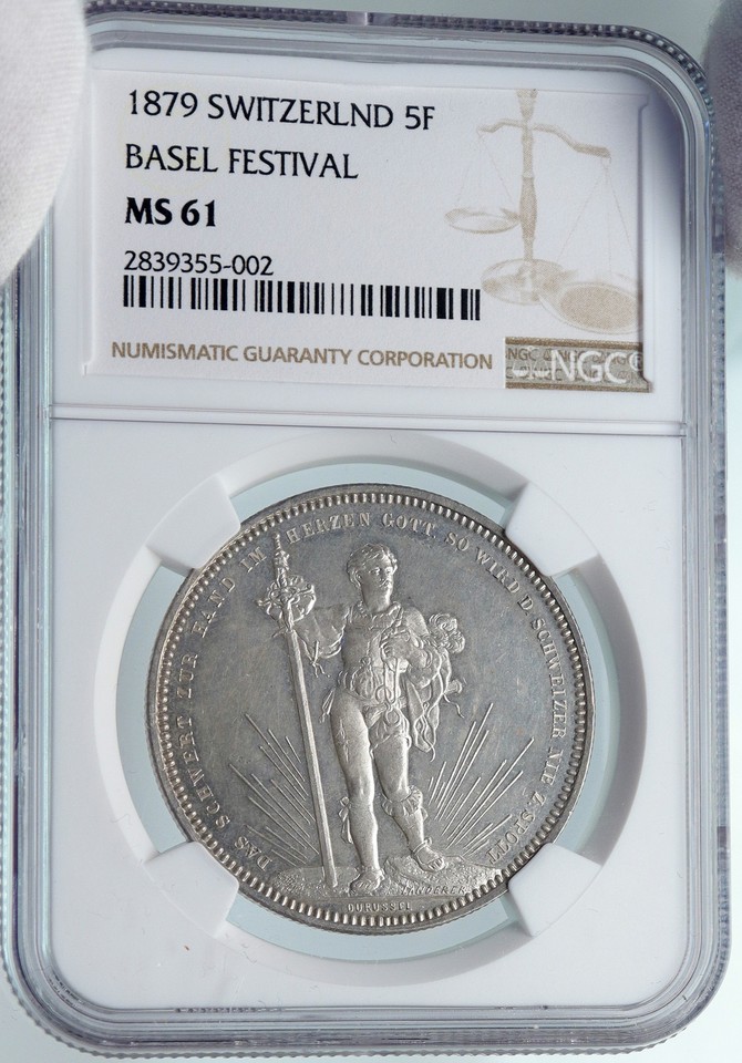 1879 SWITZERLAND Basel ANTIQUE SHOOTING FESTIVAL Swiss Silver 5F Coin ...