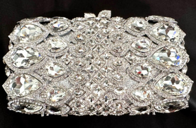 New Silver With Clear Austrian Crystal Hardshell Clutch Bag- Fits ...