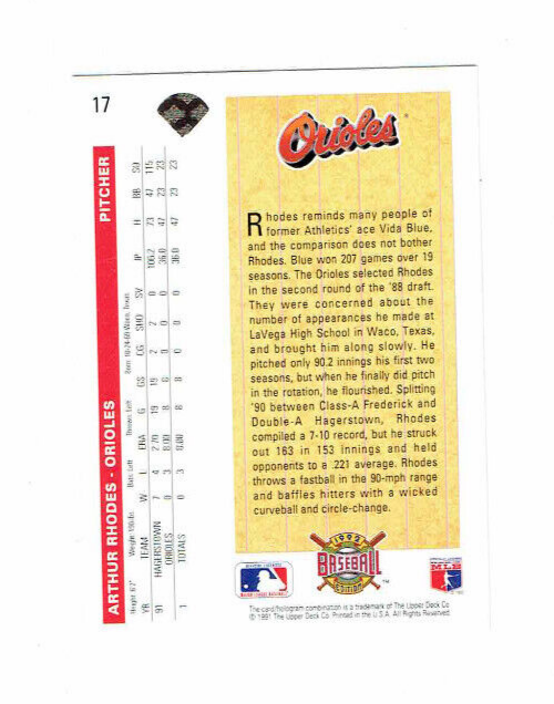 Arthur Rhodes Baltimore Orioles Star Rookie P #17 Upper Deck 1992 # ...