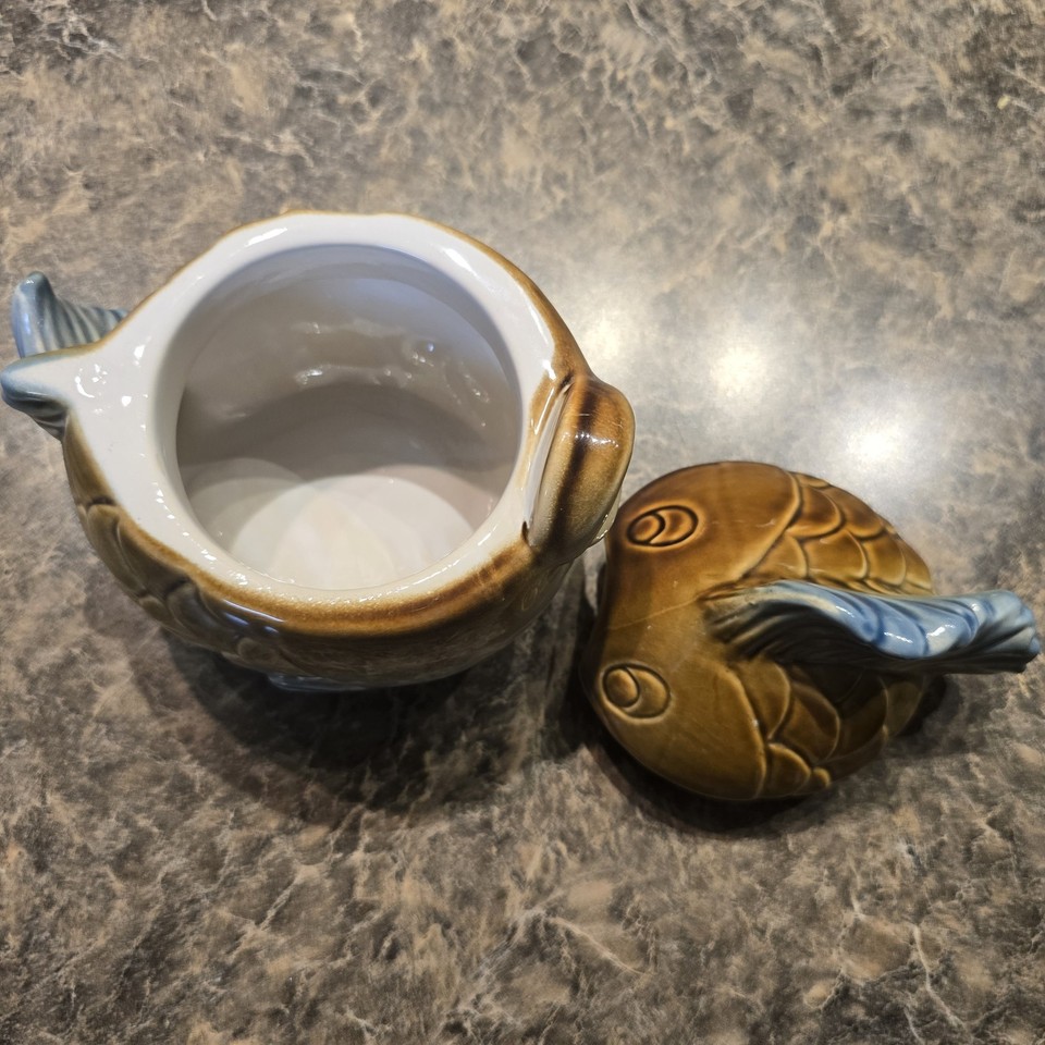 Fat Puffer Fish Candy/Trinket Jar Nautical Marine Blue Green Canister w ...