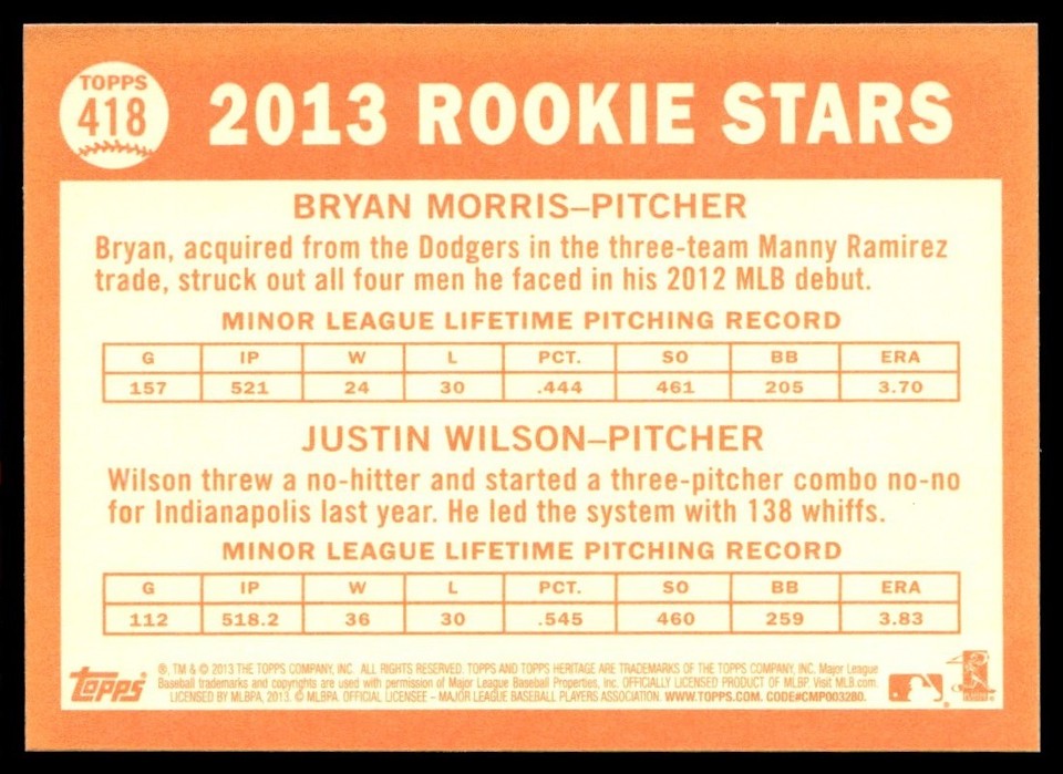 2013 Topps Heritage Bryan Morris/Justin Wilson Rookie Pittsburgh ...