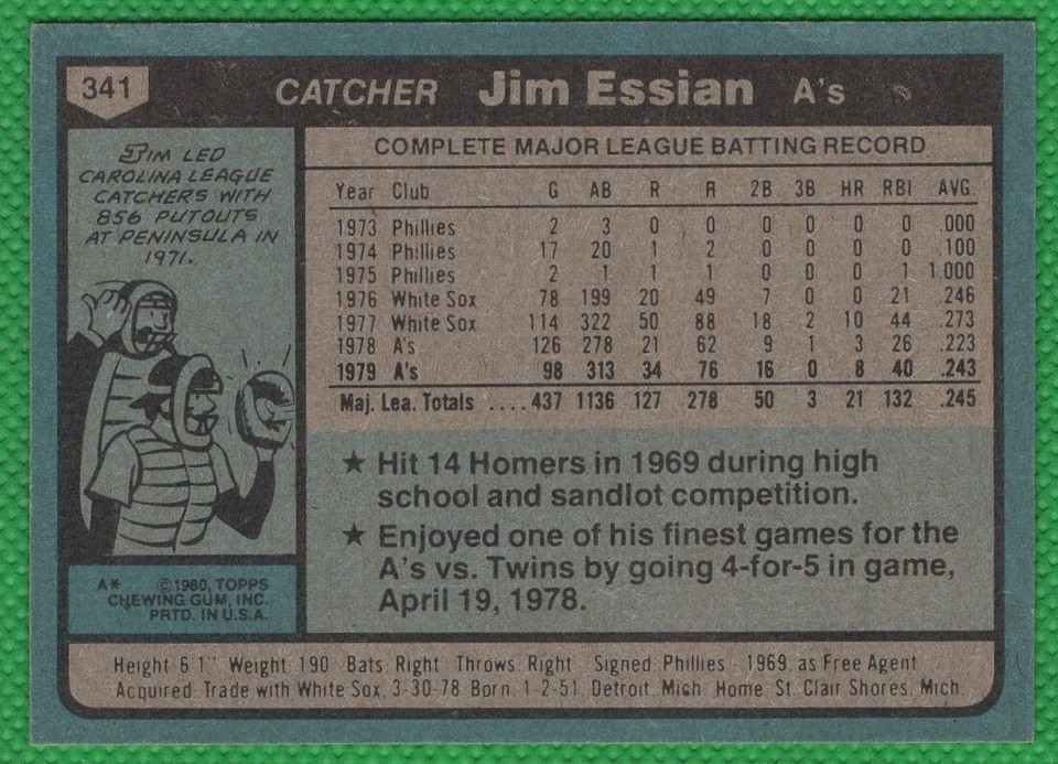 Jim Essian - 1980 Topps #341 - Oakland Athletics Baseball Card | eBay