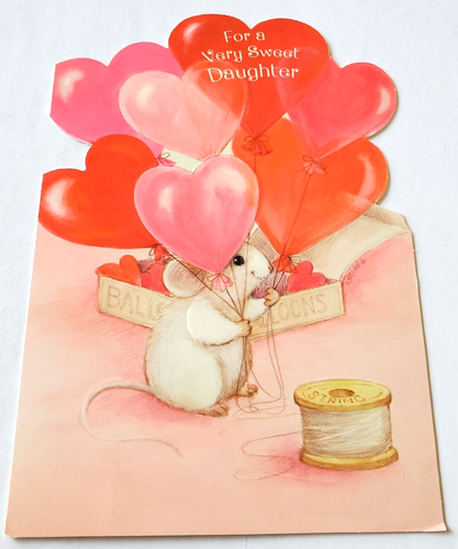 Vintage Valentine Card Cute Mouse with Heart Balloon Bouquet Thread ...