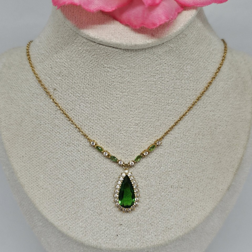 Stauer 925 Sterling Silver Vermeil Green Crystal Teardrop Necklace ...