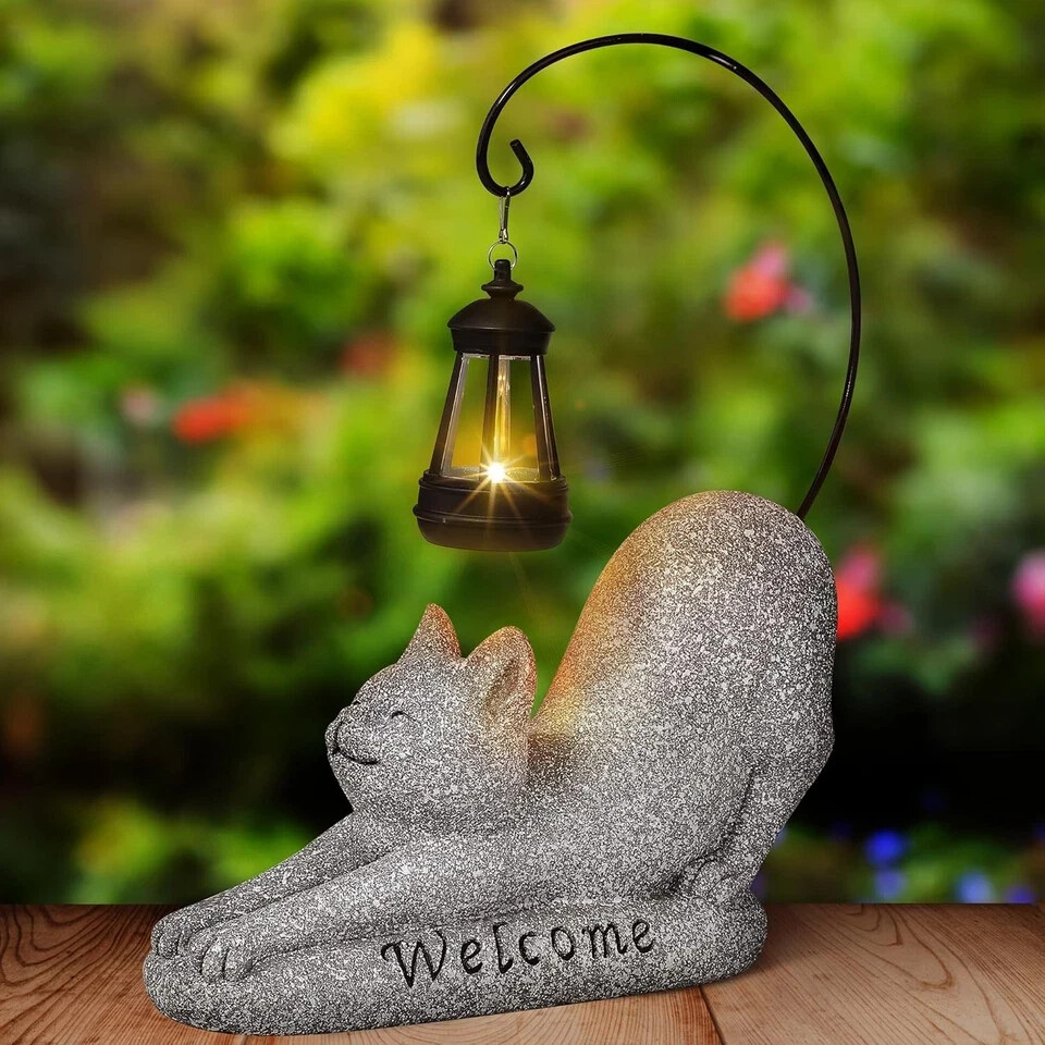 Solar Cat Garden Statue Outdoor Decor Cat Figurine with Solar Lantern ...