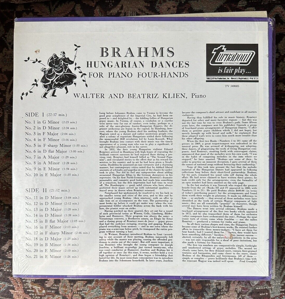 SEALED: Brahms Hungarian Dances for Piano - Walter & Beatriz Klien - TV ...