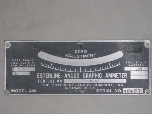vintage metal data tag id plate MODEL AW. ESTERLINE ANGUS GRAPHIC ...