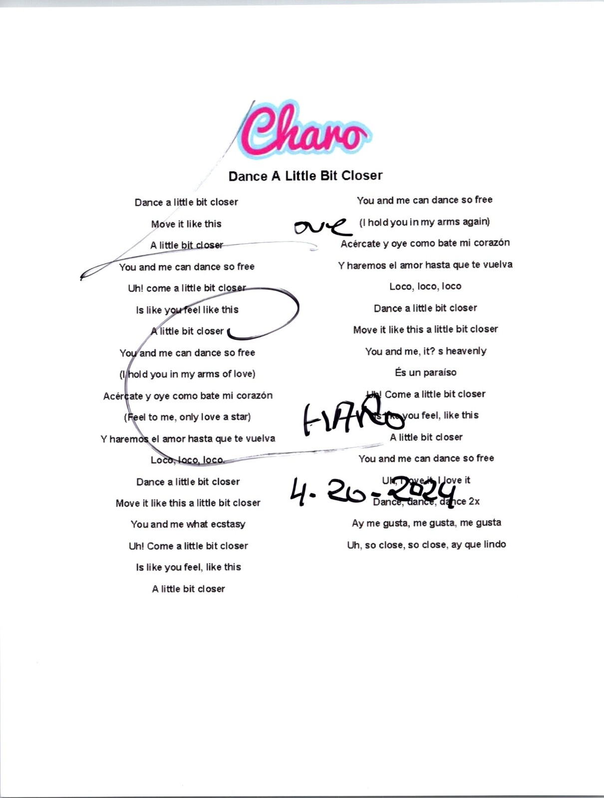 Charo Dance A Little Bit Closer Singer Signed Lyric Sheet Autographed ...