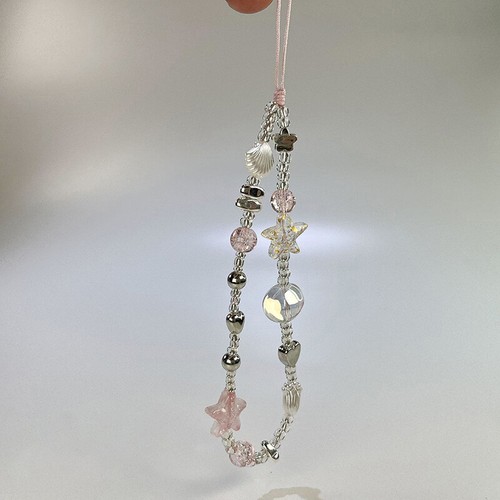 Fashion Y2K Cell Phone Lanyard Wrist Strap Sweet Pink Silver Beaded ...