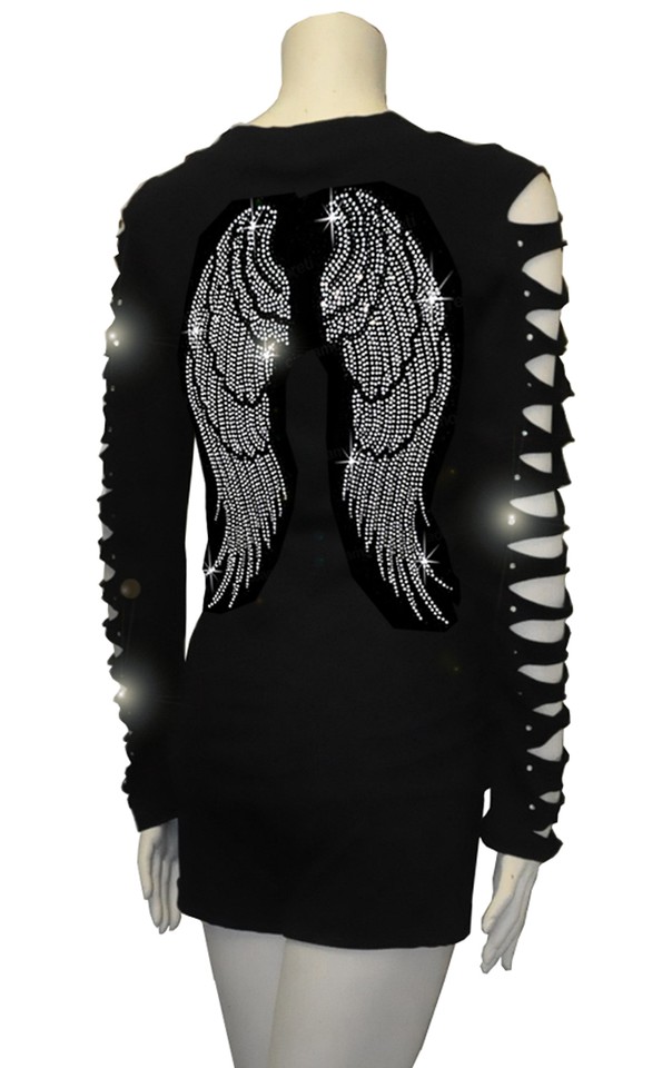 BLING BLING ANGEL WINGS RHINESTONE,RIPPED SLIT CUT OUT LONG SLEEVE T ...