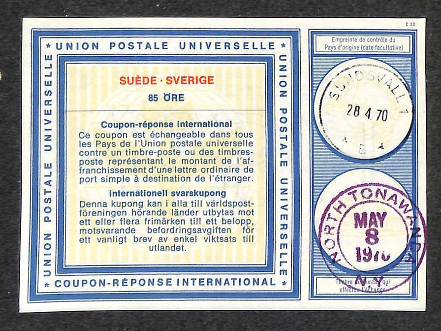 IRC INTERNATIONAL REPLY COUPON SWEDEN 85 ORE TYPE C1 1970 TO NEW YORK ...