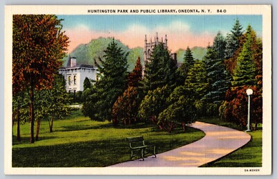 Postcard Huntington Park And Public Library Oneonta New York B17 | eBay
