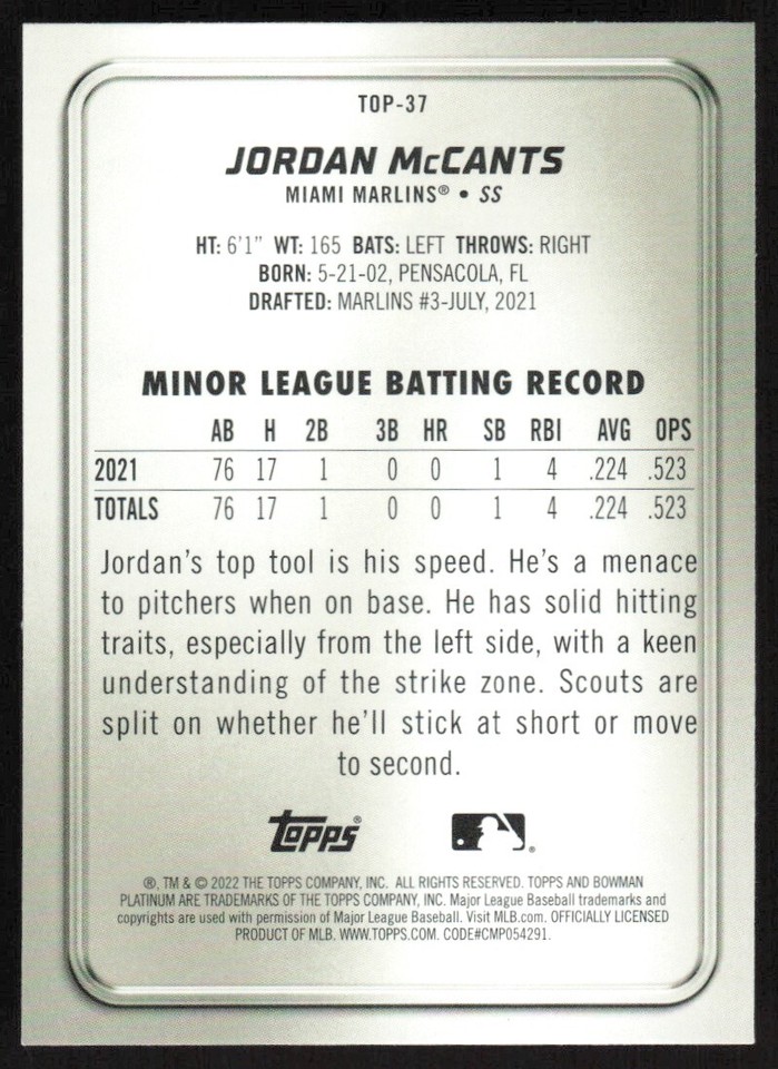 2022 Bowman Platinum Top Prospects Jordan McCants #TOP-37 Miami Marlins ...