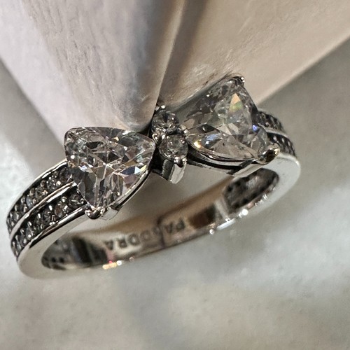 Genuine PANDORA 925 Ale Sparkling Bow Double Row Ring #193552C01 Size 7 ...