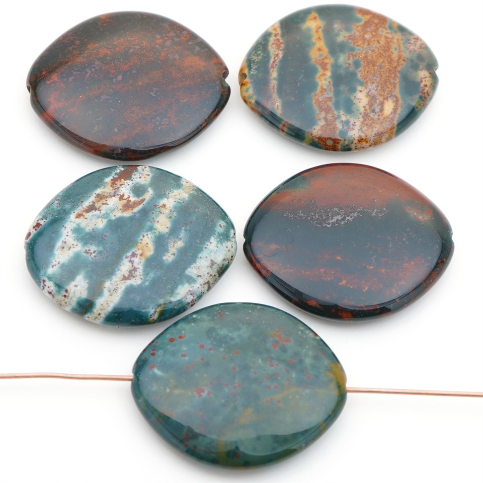 5 large flat pointed oval bloodstone beads green semiprecious stone av ...
