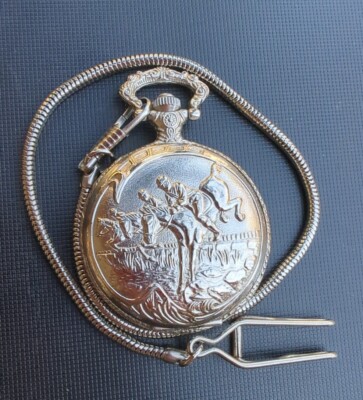 Geneva Quartz Pocket Watch Silver Toned Fox Hunt Working Fresh Battery ...