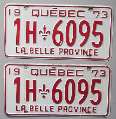 Quebec 1973 License Plate PAIR # 1H-6095 | eBay