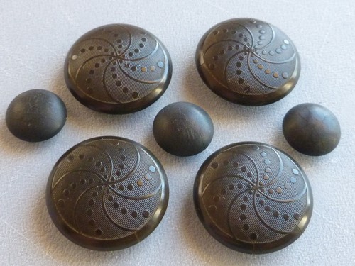 7 Antique Dyed Black Vegetable Ivory Buttons 7/16" 7/8" Ridged Embossed ...