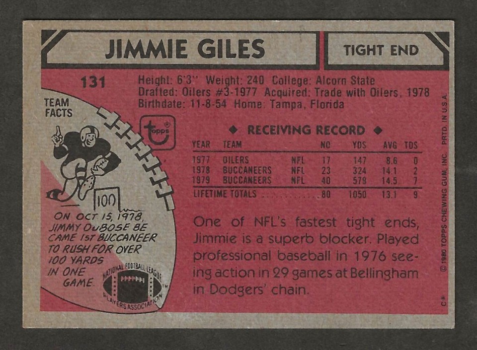 1980 Topps #131 JIMMIE GILES Tampa Bay Buccaneers ROOKIE CARD - Crease ...