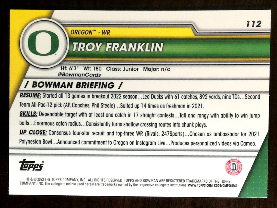 2023 Bowman Chrome U Troy Franklin RC #112 Oregon Broncos 1st Bowman ...