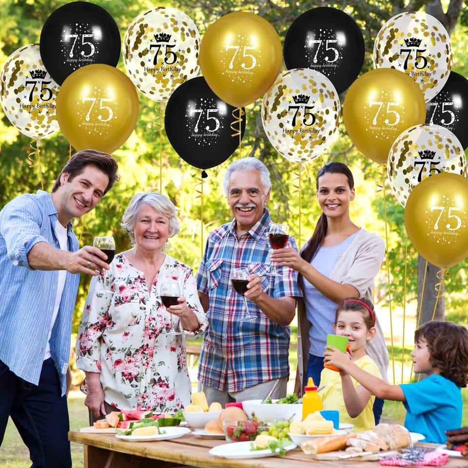 RUMIA 75th Birthday Balloons for Men 15 Pcs Black Gold Happy 75th ...