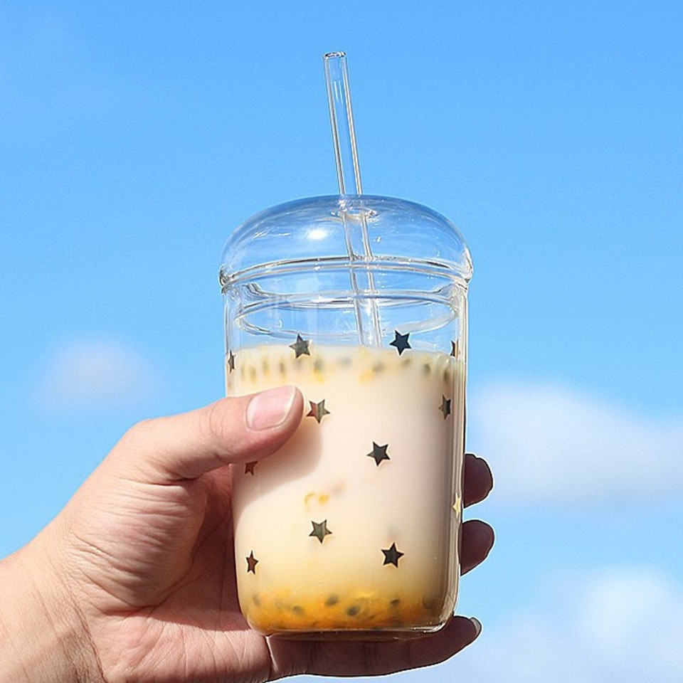 Milk Tea Glass Cups for Kitchen Beverage Bottle Clear Coffee with Straw ...