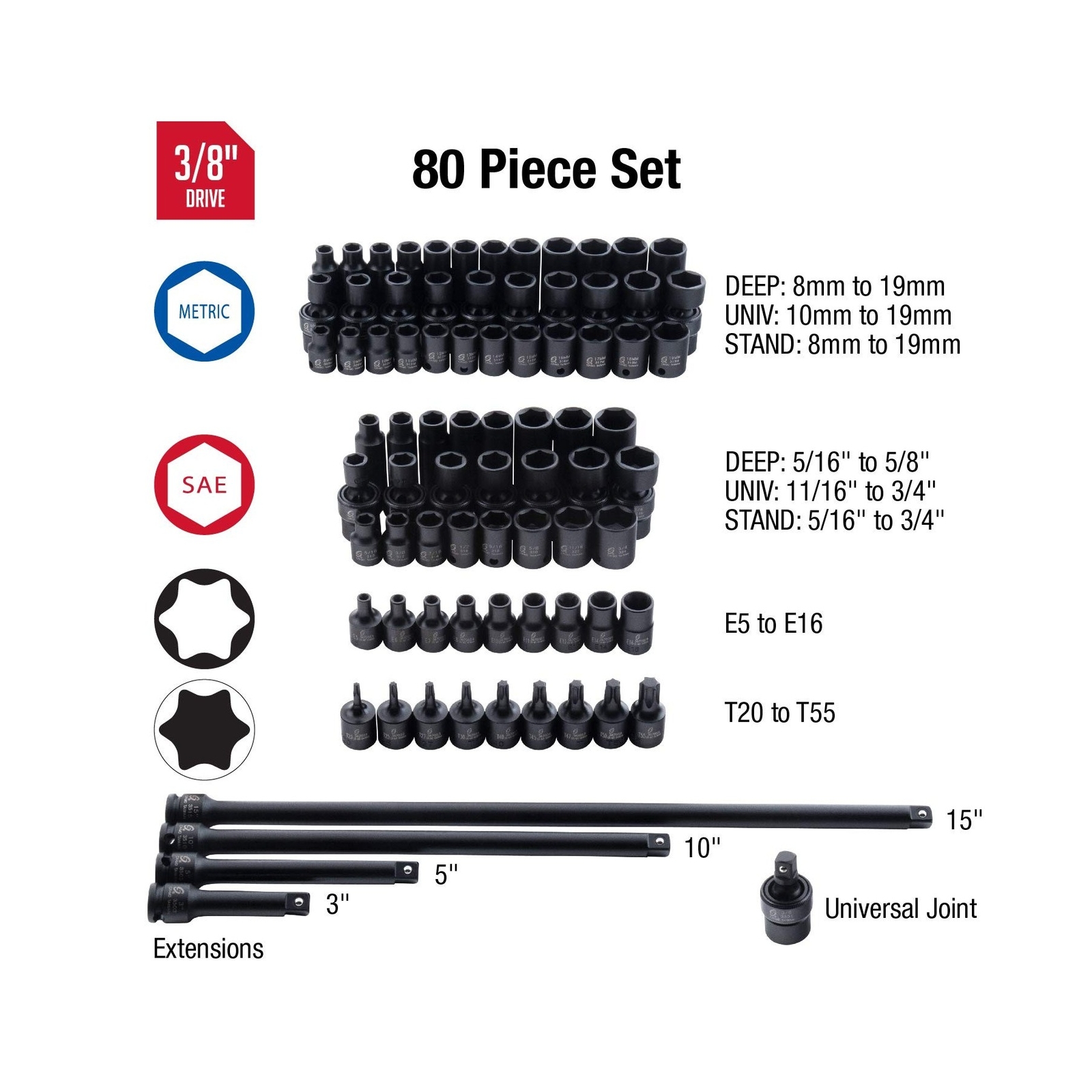 Sunex Tools 80pc 3580 3/8" Drive Master Impact Socket Accessory and ...