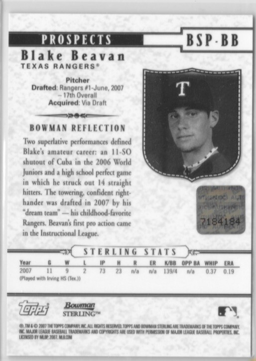 2007 Bowman Sterling Prospect Auto - #BSP-BB Blake Beavan | eBay