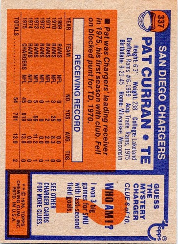 1976 Topps Pat Curran #337 San Diego Chargers Football Card | eBay