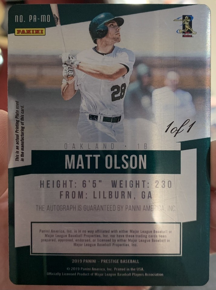 2019 Panini Prestige Matt Olson Printing Plate Auto Autograph #1/1 ...