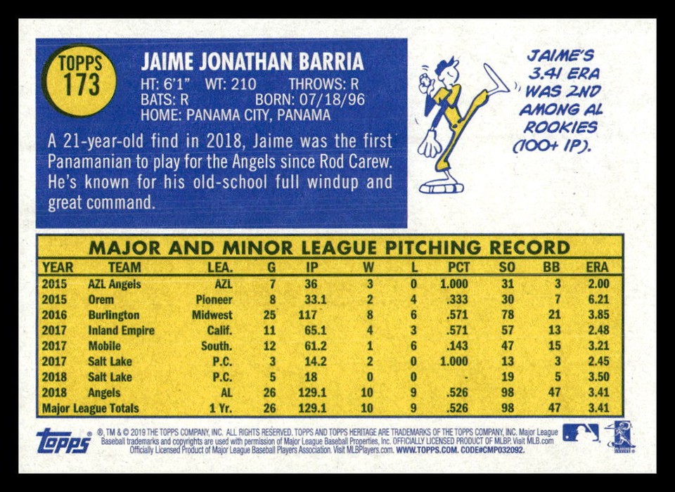 2019 Topps Heritage #173 Jaime Barria Los Angeles Angels | eBay