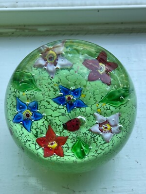 Millefiori Art Glass Paperweight Ladybug Flowers Italy Handmade Green ...