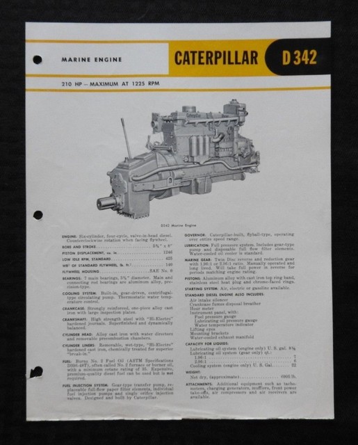 1956 GENUINE CATERPILLAR D342 210hp SERIES DIESEL ENGINE SPECIFICATION ...