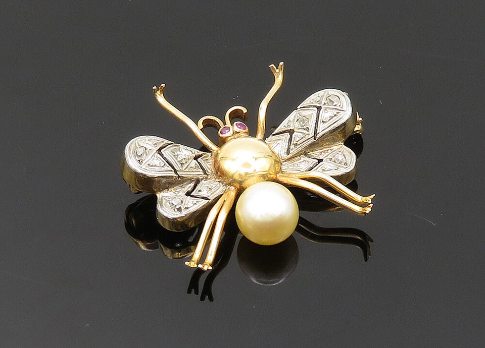 14K GOLD Vintage Antique Genuine Diamonds & Pearl Bee Brooch Pin GB022 ...
