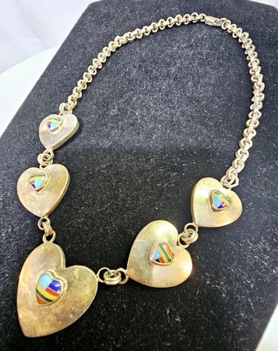 925 Sterling Mexico Necklace 5 Heart Pendant Necklace w Multicolor ...