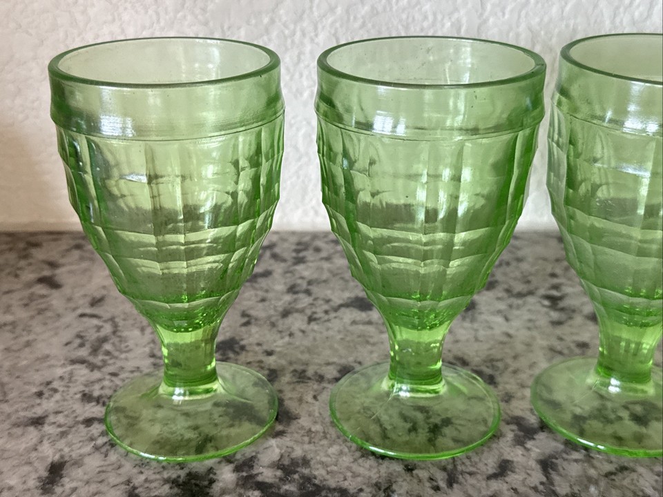 Set of 6 Hazel Atlas Colonial Block Optic Uranium Green Glass Water ...