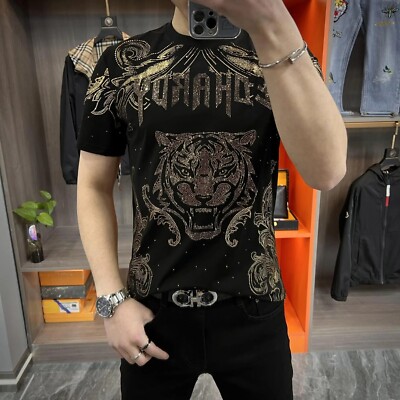 New Men Luxury Diamond Tiger Rhinestones Fashion Black T-Shirt High ...