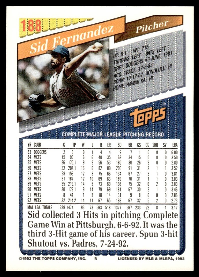 1993 Topps Gold Sid Fernandez New York Mets #188 | eBay