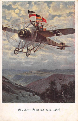GERMANY ~ EARLY AIRPLANE, 3 MEN WITH FLAGS IN IT, ARTIST IMAGE u ...