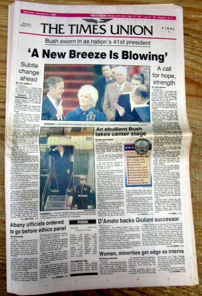 1989 display headline newspaper GEORGE H W BUSH IS INAUGURATED as US ...